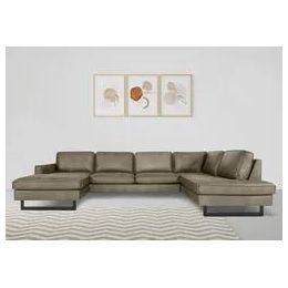 Wohnlandschaft Places of Style "Pinto, 350 cm, U-Form, XXL, mit Ottomanen", beige, B:350cm H:85cm T:206cm, Luxus-Microfaser in Lederoptik (100% Polyester), Cord (92% Polyester, 8% Polyamide), Sofas, Cord, Chenille, Lederoptik, mit Keder, Metallfüße, Wellenunterfederung