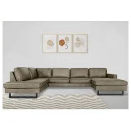 Wohnlandschaft Places of Style "Pinto, 350 cm, U-Form, XXL, mit Ottomanen", grau (taupe), B:350cm H:85cm T:206cm, Luxus-Microfaser in Lederoptik (100% Polyester), Cord (92% Polyester, 8% Polyamide), Sofas, Cord, Chenille, Lederoptik, mit Keder, Metallfüße, Wellenunterfederung