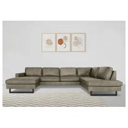 Wohnlandschaft Places of Style "Pinto, 350 cm, U-Form, XXL, mit Ottomanen", grau (taupe), B:350cm H:85cm T:206cm, Luxus-Microfaser in Lederoptik (100% Polyester), Cord (92% Polyester, 8% Polyamide), Sofas, Cord, Chenille, Lederoptik, mit Keder, Metallfüße, Wellenunterfederung, Topseller