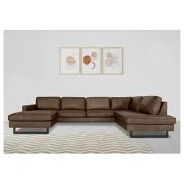 Wohnlandschaft Places of Style "Pinto, 350 cm, U-Form, XXL, mit Ottomanen", braun, B:350cm H:85cm T:206cm, Luxus-Microfaser in Lederoptik (100% Polyester), Cord (92% Polyester, 8% Polyamide), Sofas, Cord, Chenille, Lederoptik, mit Keder, Metallfüße, Wellenunterfederung