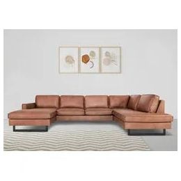 Wohnlandschaft Places of Style "Pinto, 350 cm, U-Form, XXL, mit Ottomanen", braun (cognac), B:350cm H:85cm T:206cm, Luxus-Microfaser in Lederoptik (100% Polyester), Cord (92% Polyester, 8% Polyamide), Sofas, Cord, Chenille, Lederoptik, mit Keder, Metallfüße, Wellenunterfederung