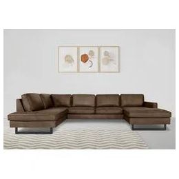 Wohnlandschaft Places of Style "Pinto, 350 cm, U-Form, XXL, mit Ottomanen", braun, B:350cm H:85cm T:206cm, Luxus-Microfaser in Lederoptik (100% Polyester), Cord (92% Polyester, 8% Polyamide), Sofas, Cord, Chenille, Lederoptik, mit Keder, Metallfüße, Wellenunterfederung