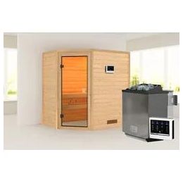 Sauna Karibu ""Juli" mit bronzierter Tür SET, naturbelassen mit Ofen 9 kW", naturbelassen, Bio-Kombiofen, externe Steuerung, 400 kW, Saunen, aus hochwertiger nordischer Fichte