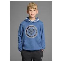 Kapuzensweatshirt Bruno Banani "Hoodie mit Drucken", Jungen, Gr. 152/158, blau meliert, angeraute Sweatware, Obermaterial: 60% Baumwolle, 40% Polyester. Kapuzenfutter: 100% Baumwolle, bedruckt, Basic hüftlang, Rippbündchen, Sweatshirts, NEU: Bruno Banani für TEENS Hoodie mit Logo-Drucken