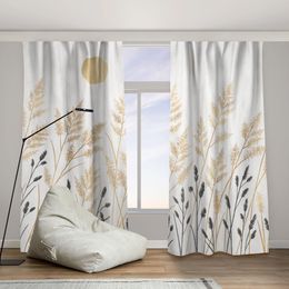 Bilderwelten Vorhang Gr&auml;ser und Mond in Gold und Schwarz - blickdichte Gardine Botanik Tropical Kunstdruck Landhausstil Wohnzimmer Schlafzimmer K&uuml;che Bad
