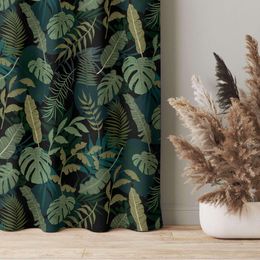 Vorhang Dschungel Blätter auf Schwarz - blickdichte Gardine Wald Bäume Blumen Floral Botanik Tropical Illustration Muster Wohnzimmer Schlafzimmer