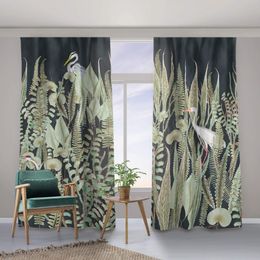 Vorhang Flamingo und Storch mit Pflanzen auf Grün - blickdichte Gardine Botanik Tropical Illustration Tiere Wohnzimmer Schlafzimmer Küche Bad