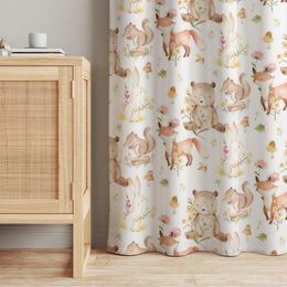 Bilderwelten Vorhang Aquarell Waldtiere Bär und Fuchs - blickdichte Gardine Aquarell Wald Bäume Kinder Kunstdruck Muster Kinderzimmer Baby Babyzimmer Mädchen