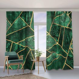 Bilderwelten Vorhang Dunkler Smaragd mit Gold - blickdichte Gardine Abstrakt Aquarell Kunstdruck Muster Wohnzimmer Schlafzimmer K&uuml;che Bad Badezimmer Gr&uuml;n