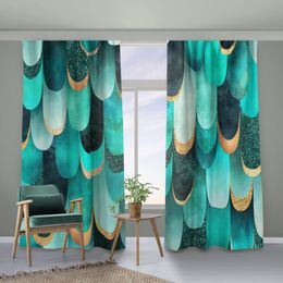 Vorhang Federn Gold Türkis - blickdichte Gardine Abstrakt Aquarell Kunstdruck Muster Wohnzimmer Schlafzimmer Küche Bad Badezimmer Türkis