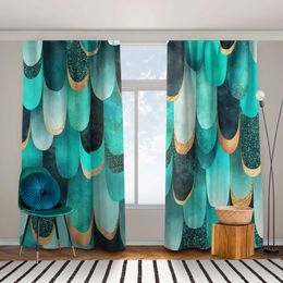 Bilderwelten Vorhang Federn Gold Türkis - blickdichte Gardine Abstrakt Aquarell Kunstdruck Muster Wohnzimmer Schlafzimmer Küche Bad Badezimmer Türkis