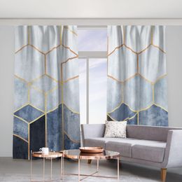 Bilderwelten Vorhang Goldene Sechsecke Blau Weiß - blickdichte Gardine Abstrakt Aquarell Kunstdruck Muster Wohnzimmer Schlafzimmer Küche Bad Badezimmer Blau