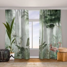Vorhang Flamingos im Dschungel - blickdichte Gardine Wald Bäume Botanik Tropical Kunstdruck Natur Tiere Wohnzimmer Schlafzimmer Küche Bad Badezimmer