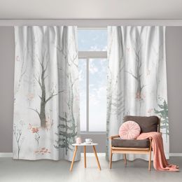 Vorhang Birkenwald mit Mohnblumen - blickdichte Gardine Aquarell Wald B&auml;ume Kinder Kunstdruck Natur Kinderzimmer Baby Babyzimmer M&auml;dchen