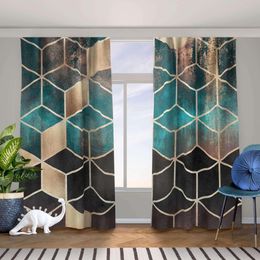 Bilderwelten Vorhang Türkis Rosé goldene Geometrie - blickdichte Gardine Abstrakt Aquarell Kunstdruck Muster Wohnzimmer Schlafzimmer Küche Bad Badezimmer Türkis