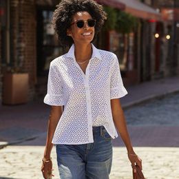 LANDS' END Lochmuster-Bluse mit Rüschenärmeln, Damen,  Weiß, Baumwolle, by Lands' End
