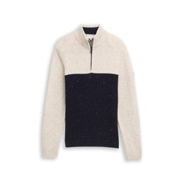 Tom Tailor Herren Troyer Strickpullover mit Strukturmix, weiß, Colour Blocking, Gr. XL