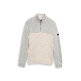 Tom Tailor Herren Troyer Strickpullover mit Strukturmix, weiß, Colour Blocking, Gr. XL