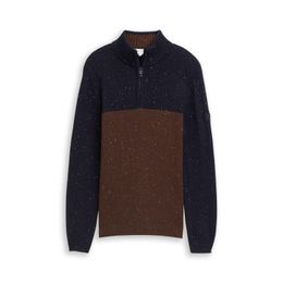 Tom Tailor Herren Troyer Strickpullover mit Strukturmix, blau, Colour Blocking, Gr. XL
