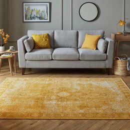FLAIR RUGS Teppich &raquo;Antique Vintage-Muster, &laquo; rechteckig 4 mm H&ouml;he Chenille Stil Teppich, Wohnzimmer, Schlafzimmer, Esszimmer goldfarben...
