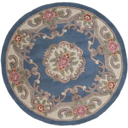 FLAIR RUGS Wollteppich »Aubusson« rund 10 mm Höhe Wolle, Teppich, Wohnzimmer, Schlafzimmer, Esszimmer blau Obermaterial: 100% Wolle Ø 120 cm 1 Stk.