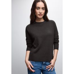 Rundhalspullover Street One, Damen, Gr. 38, schwarzest braun, Strick, Obermaterial: 33% Polyester, 31% Polyacryl, 24% Baumwolle, 12% Polyamid, unifarben, regular fit normal, Rundhals, Rippbündchen, Pullover, mit Rippbündchen