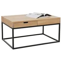 Couchtisch Home Affaire "Rava", beige (natur, schwarz), B:90cm H:45cm T:60cm, Tische, Couchtisch Holz-Couchtische Eckige Couchtische, aus Eichenholz, FSC zertifiziert, mit 2 Schubladen, Metallgestell