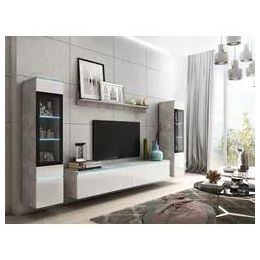 Wohnwand Inosign "VERA II", beige (beton smart, weiß hochglanz), B:260cm H:130cm T:33cm, Kastenmöbel-Sets, Vitrine mit Verglasung, stehend und hängend, inklusive Beleuchtung