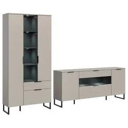 Wohnwand Inosign "ADIO, Breite 290 cm, 2-teiliges Set, mit Metall-Kufenfüße", kashmir nb, schwarz, B:290cm H:192cm T:41cm, Spanplatte, Kastenmöbel-Sets, Sideboard inkl Beleuchtung, Kombination, Anbauwand, Set, Wohnzimmerset