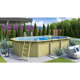 Karibu CHILLROI Achteckiger Massivholzpool l&auml;nglich, 568,5 x 357,5 x 124 cm, Modell 1 X Folie blau Inkl. Zubeh&ouml;r und Pool Leitern
