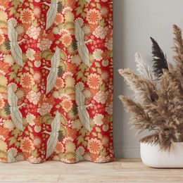 Vorhang Kraniche und Chrysanthemen Rot - blickdichte Gardine Blumen Floral Illustration Muster Tiere Wohnzimmer Schlafzimmer Küche Bad Badezimmer Rot
