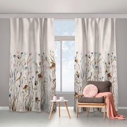 Vorhang Wilde Trockenblumenwiese - blickdichte Gardine Blumen Floral Illustration Muster Vintage Wohnzimmer Schlafzimmer Küche Bad Badezimmer Beige