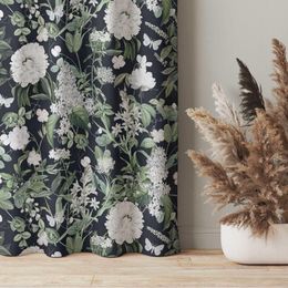 Vorhang Weiße Blüten und Schmetterlinge auf Blau - blickdichte Gardine Kunstdruck Blumen Floral Wohnzimmer Schlafzimmer Küche Bad Badezimmer Blau