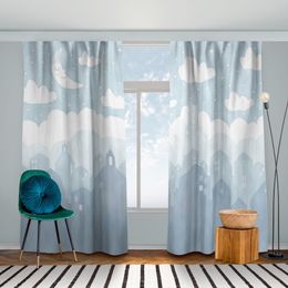 Vorhang Sternenhimmel mit H&auml;usern und Mond in blau - blickdichte Gardine Illustration Kinder Kinderzimmer Baby Babyzimmer M&auml;dchen M&auml;dchenzimmer