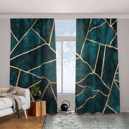 Vorhang Dunkles Türkis mit Gold - blickdichte Gardine Abstrakt Aquarell Kunstdruck Muster Wohnzimmer Schlafzimmer Küche Bad Badezimmer Türkis