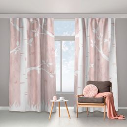 Vorhang Rosa Birkenwald mit Schmetterlingen und V&ouml;gel - blickdichte Gardine Illustration Kinder Kinderzimmer Baby Babyzimmer M&auml;dchen M&auml;dchenzimmer
