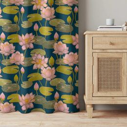 Vorhang Lotusblüten auf Blau - blickdichte Gardine Blumen Floral Illustration Muster Wohnzimmer Schlafzimmer Küche Bad Badezimmer Blau