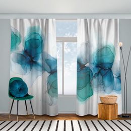 Vorhang Wilde Bl&uuml;ten in Blau und Gold - blickdichte Gardine Aquarell Kunstdruck Wohnzimmer Schlafzimmer K&uuml;che Bad Badezimmer T&uuml;rkis