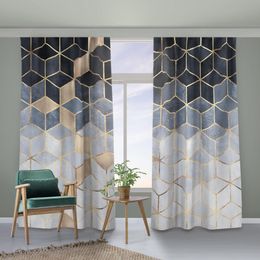Vorhang Blau Wei&szlig; goldene Geometrie - blickdichte Gardine Abstrakt Aquarell Kunstdruck Muster Wohnzimmer Schlafzimmer K&uuml;che Bad Badezimmer Gold