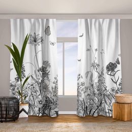 Vorhang Große Blumen mit Schmetterlingen in Schwarz - blickdichte Gardine Blumen Floral Landhausstil Tiere Schwarz-Weiß Wohnzimmer Schlafzimmer Küche