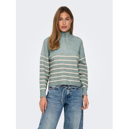 Strickpullover Only "ONLTOKYO L/S ZIP PULLOVER KNT NOOS", Damen, Gr. L, chinois grün stripes:pumice stone meliert, Strick;Rippstrick, Obermaterial: 79% Polyester, 13% Polyacryl, 5% Wolle, 3% Elasthan, gestreift, regular fit normal, hoch geschlossener Ausschnitt, Rippbündchen, Pullover