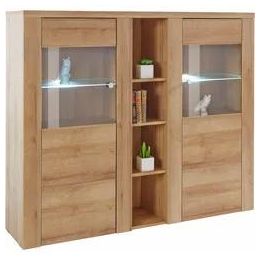 Highboard Home Affaire "Larona, zeitlose Hochkommode mit 2 Türen, Türkommode, Höhe 129,5 cm", braun (eichefarben riviera), B:155cm H:130cm T:37cm, Sideboards, Anrichte mit dekorative Rahmenoptik, Türen mit Glaseinsatz
