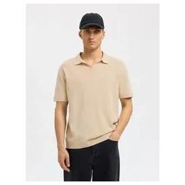 Poloshirt Selected HOMME "SLHMATTIS SS KNIT SUN OPEN POLO NOOS", Herren, Gr. M, beige (oatmeal), Strick, Obermaterial: 65% Baumwolle, 35% Leinen, unifarben, regular fit normal, ohne Ausschnitt, Bündchen, Shirts
