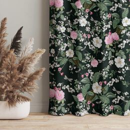Bilderwelten Vorhang Rosen und Schmetterlinge auf Dunkelgrün - blickdichte Gardine Blumen Floral Kunstdruck Muster Wohnzimmer Schlafzimmer Küche Bad Badezimmer