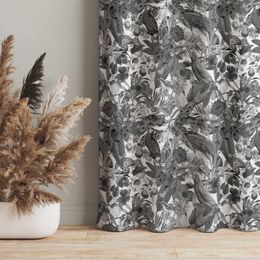 Bilderwelten Vorhang Papageien im Dschungel Schwarz Wei&szlig; - blickdichte Gardine Wald B&auml;ume Botanik Tropical Illustration Muster Natur Wohnzimmer Schlafzimmer K&uuml;che
