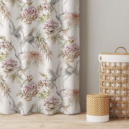 Vorhang Aquarell Vögel mit großen Blüten - blickdichte Gardine Aquarell Illustration Muster Blumen Floral Tiere Wohnzimmer Schlafzimmer Küche Bad