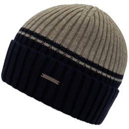 Beanie Chillouts "Malik Hat", Damen, beige, navy, Rippstrick, Materialmix, Mützen, Mit Umschlag, zweifarbig