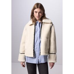 Kurzjacke STREET ONE STUDIO, Damen, Gr. 40, weiß (lucid weiß), Stoff, Obermaterial: 100% Polyester; Velourslook-Details: 100% Polyester, unifarben, Casual, gerade normal, V-Ausschnitt, Bündchen, Jacken, soft und weich