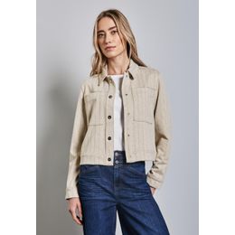 Kurzblazer Street One, Damen, Gr. 44, beige (sheer beige meliert), Stoff, 70% Polyester, 26% Viskose, 4% Elasthan, gestreift, regular fit normal, V-Ausschnitt, Bündchen, Blazer, mit Brusttaschen