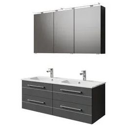 Badmöbel-Set SAPHIR "Serie 6025 2-teilig Mineralmarmor-Waschtisch mit LED-Spiegelschrank", grau (quarzgrau matt select), B:132cm H:200cm T:48cm, Spanplatte, Kastenmöbel-Sets, Waschplatz 132cm breit, 4 Schubladen, 2 Spiegel-Türen, inkl Türdämpfer